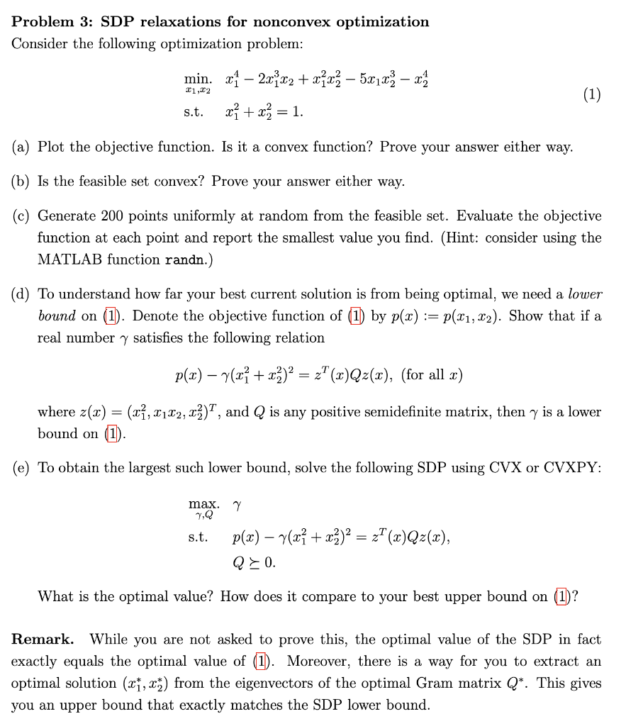Solved Problem 3: SDP relaxations for nonconvex optimization | Chegg.com