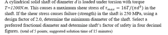 Solved A cylindrical solid shaft of diameter d is loaded | Chegg.com