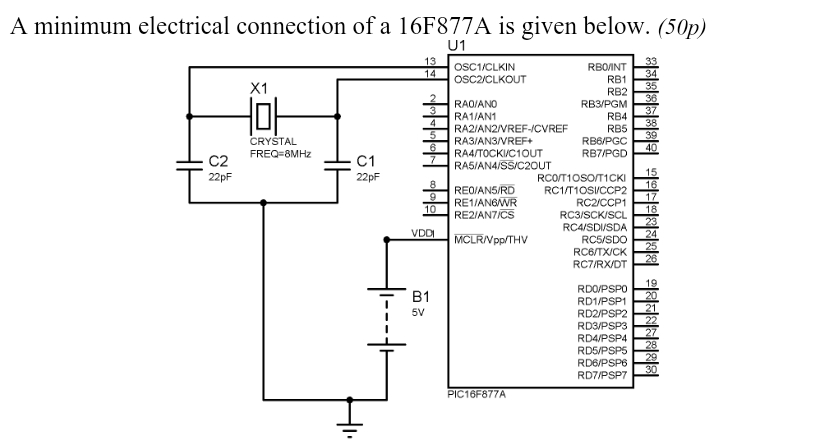 Solved A minimum electrical connection of a 16F877A is given | Chegg.com