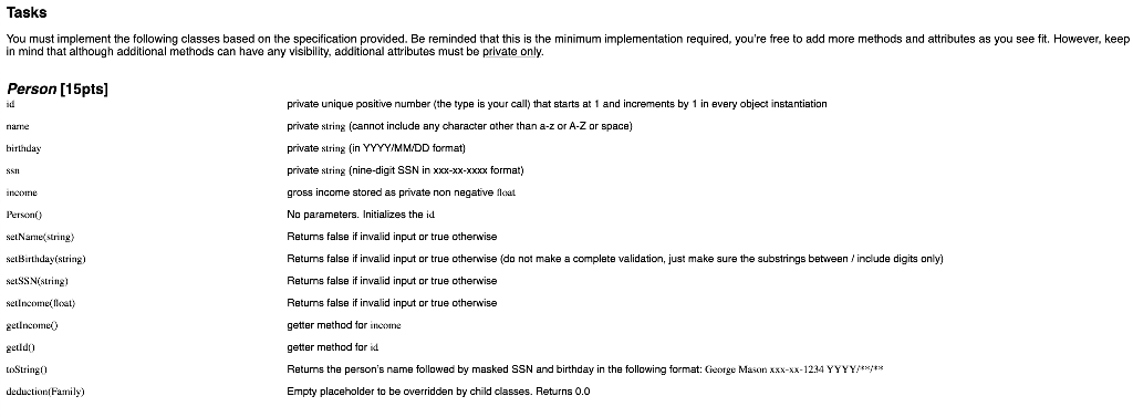 Tasks You must implement the following classes based | Chegg.com
