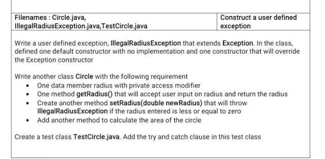 Solved Filenames : Circle.java, Construct a user defined | Chegg.com