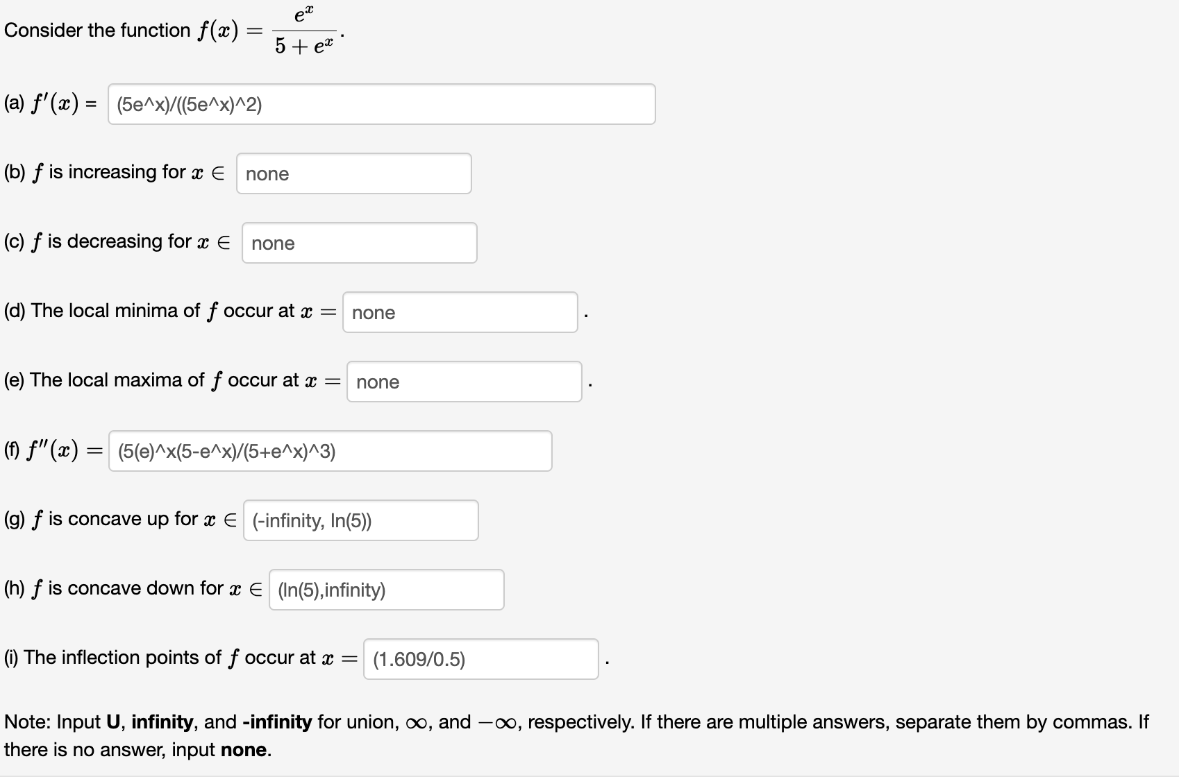 Solved Consider the function f(x)=5+exex (a) f′(x) (b) f is | Chegg.com