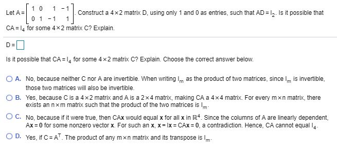 Solved 1 0 1 -1 Construct a 4x2 matrix D, using only 1 and 0 | Chegg.com