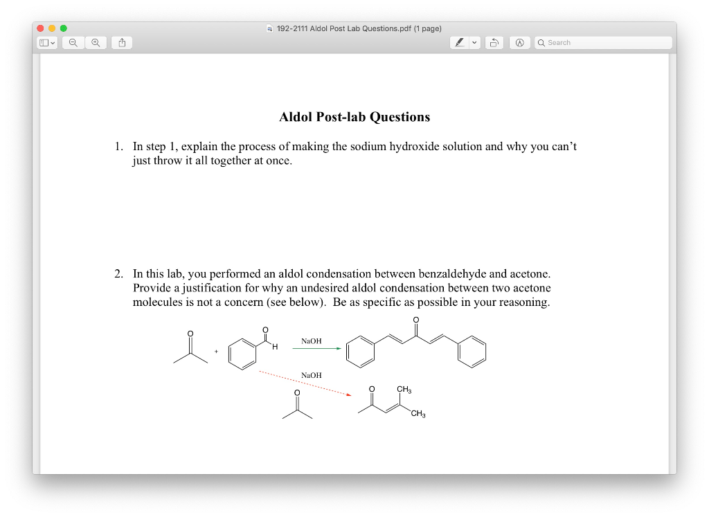 Solved 192-2111 Aldol Post Lab Questions.pdf (1 page) w @ | Chegg.com