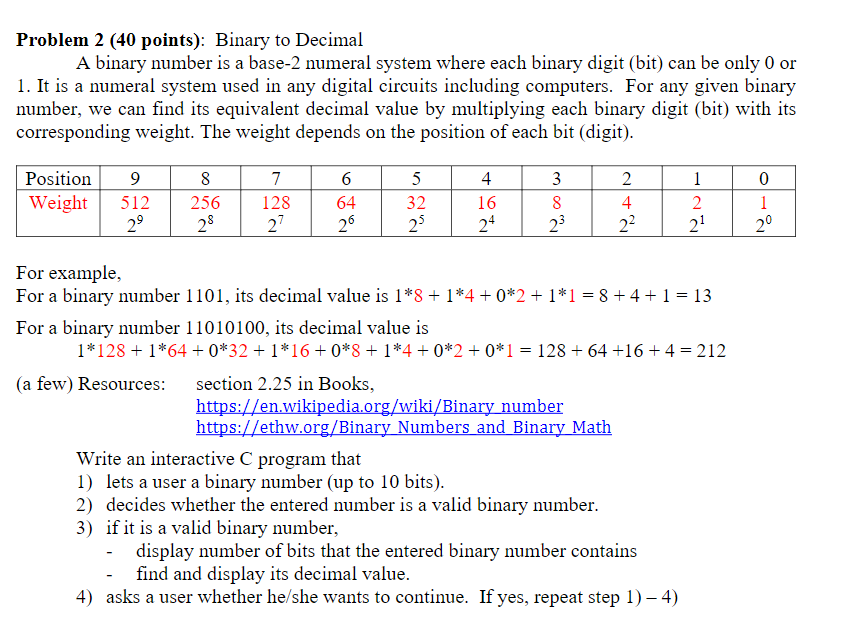 Solved Problem 2 (40 points): Binary to Decimal A binary | Chegg.com