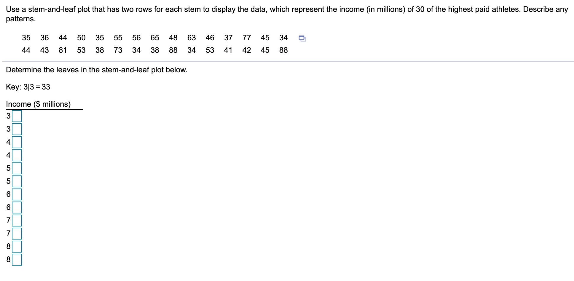 Solved Use a stem-and-leaf plot that has two rows for each | Chegg.com
