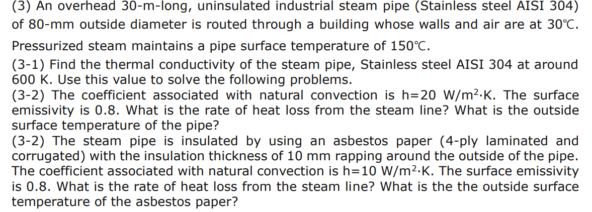 Solved (3) An overhead 30-m-long, uninsulated industrial | Chegg.com