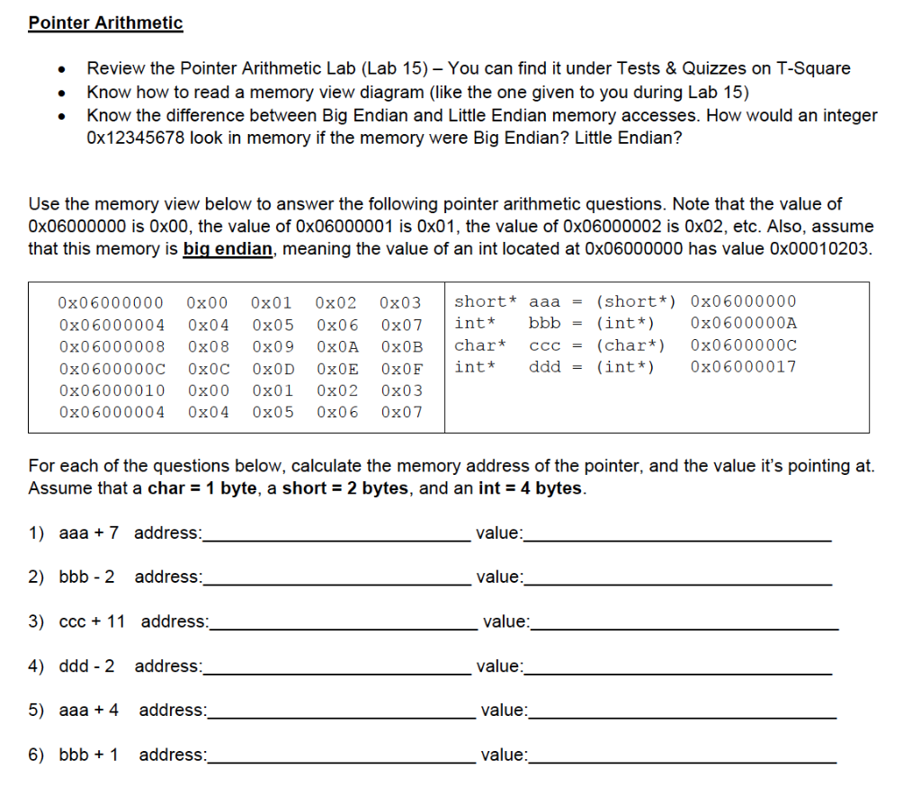 Pointer Arithmetic Review the Pointer Arithmetic Lab | Chegg.com