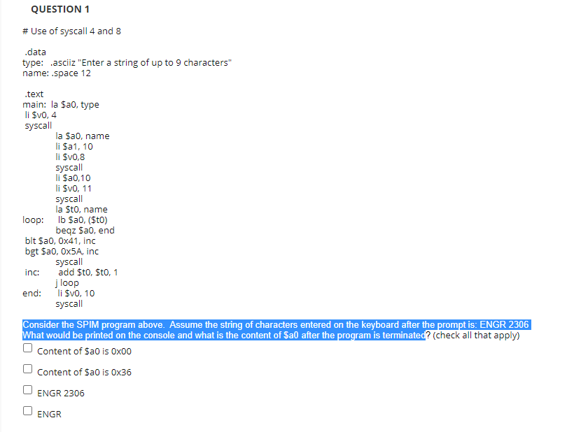 Solved QUESTION 1 # Use of syscall 4 and 8 .data type: | Chegg.com