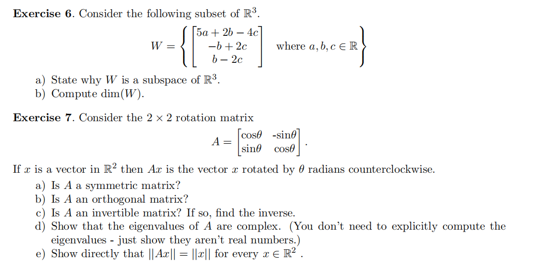 Solved Exercise 6. Consider the following subset of R3. 5a + | Chegg.com