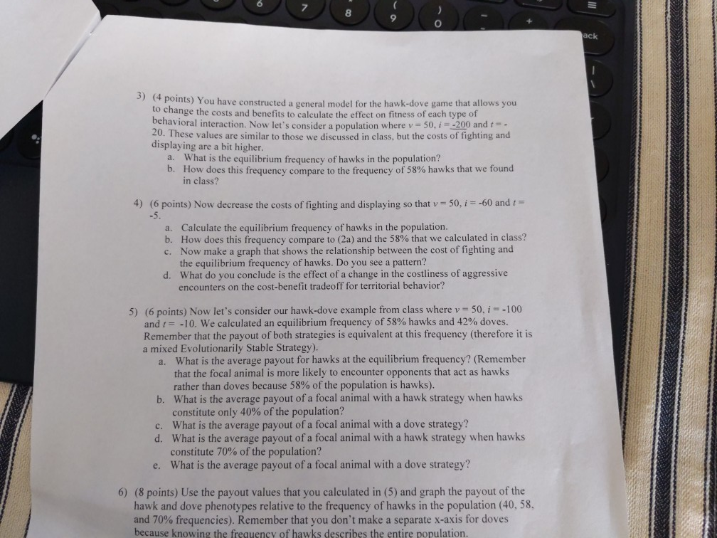 Biology of Behavior 428/528 Game theory worksheet | Chegg.com