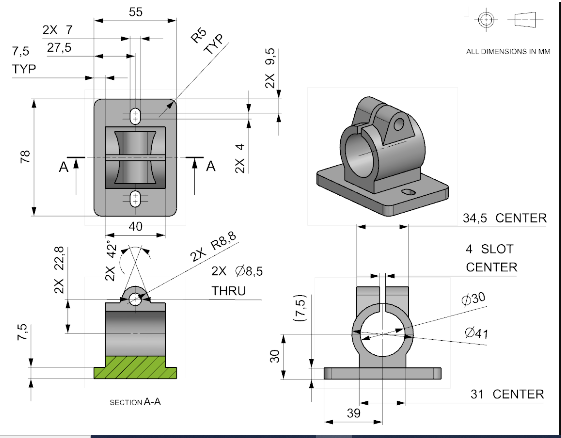 Solved 55 R5 TYP 2X 7 7,5 27,5 TYP ALL DIMENSIONS IN MM 2X | Chegg.com