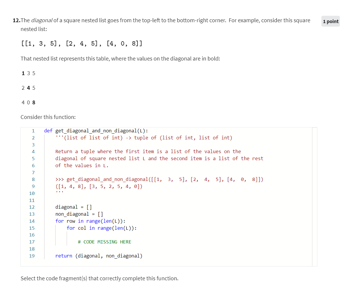 Solved The diagonal of a square nested list goes from the | Chegg.com