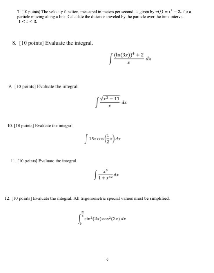 Solved 7. [10 points] The velocity function, measured in | Chegg.com