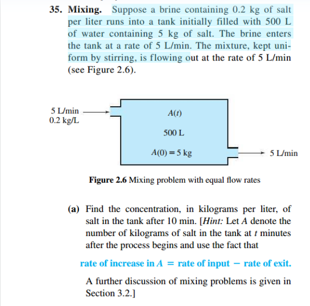 Solved 35. Mixing. Suppose a brine containing 0.2 kg of salt | Chegg.com