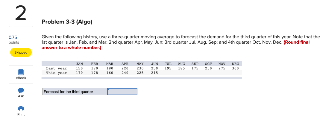 Solved 2 Problem 3-3 (Algo) 0.75 points Given the following | Chegg.com