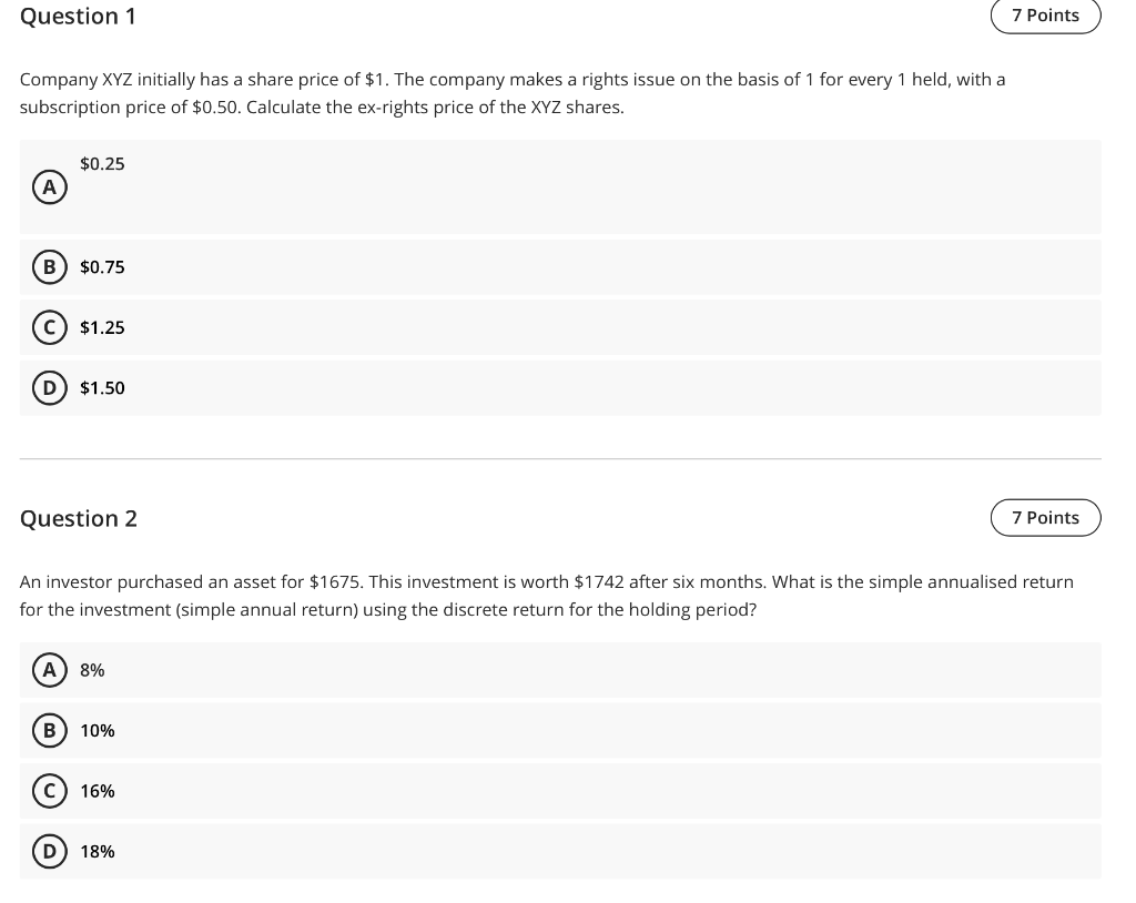 Solved Question 1 7 Points Company XYZ initially has a share | Chegg.com