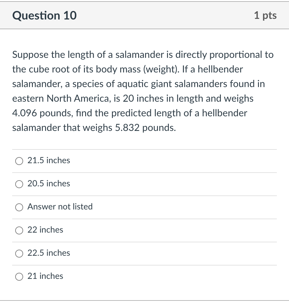 Solved Question 10 1 pts Suppose the length of a salamander | Chegg.com