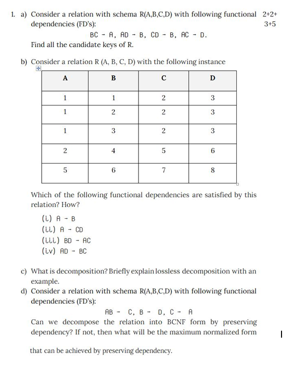 Solved BC−A,AD−B,CD−B,AC→D. Find all the candidate keys of | Chegg.com