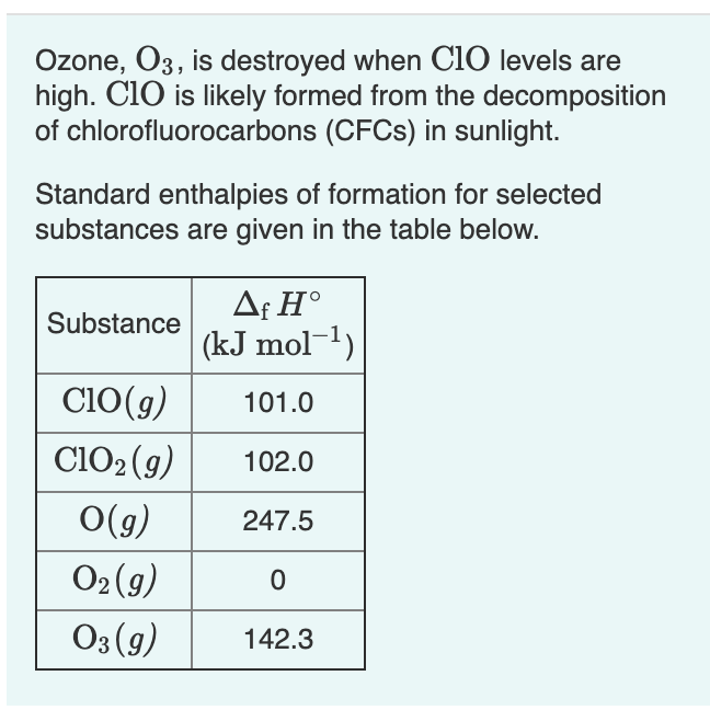 Solved Ozone, O3, is destroyed when ClO levels are high. ClO | Chegg.com