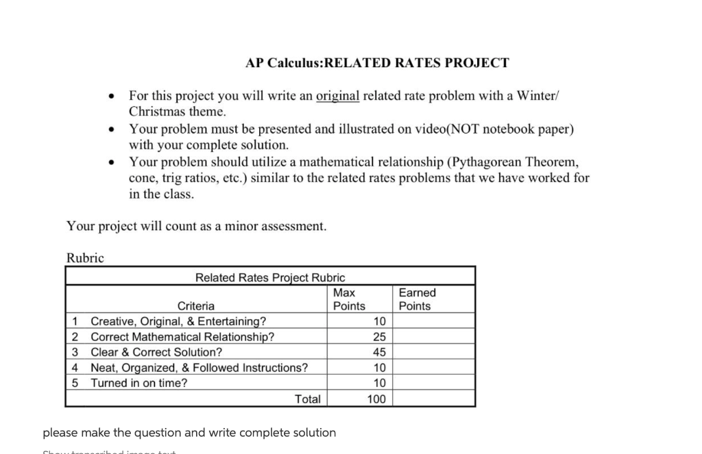 Solved AP Calculus:RELATED RATES PROJECT . For this project | Chegg.com