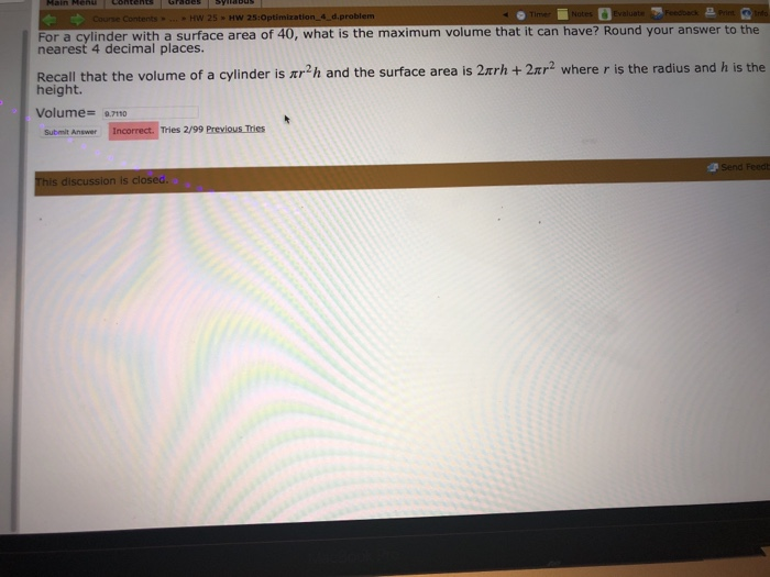 Solved HW 25 HW 25:Optimization 4 d.problem For a cylinder | Chegg.com