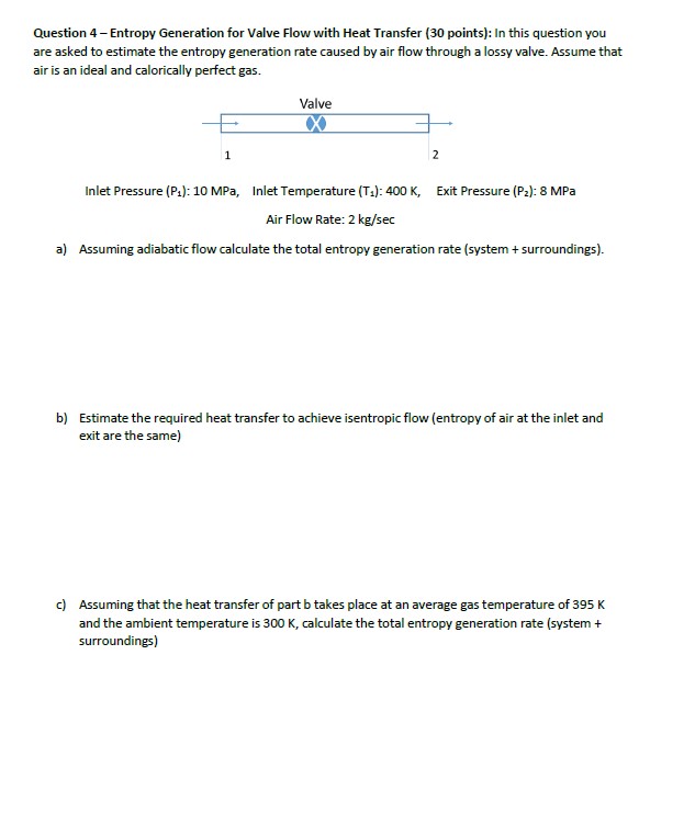 Solved Entropy Generation for Valve Flow with Heat Transfer | Chegg.com