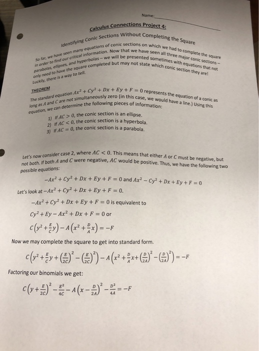 Solved Name: calculus Connections Project 4 Conic Sections | Chegg.com
