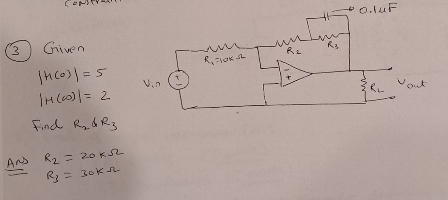 Solved ∣H(0)∣=5∣H(ω)∣=2 find R2&R3 R2=20kΩR3=30kΩ | Chegg.com