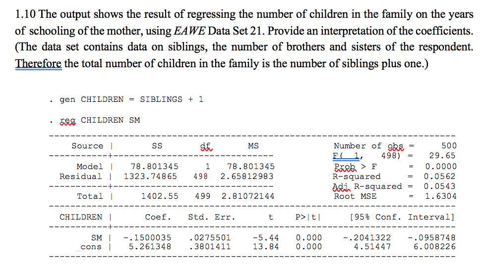 Solved 110 The Output Shows The Result Of Regressing The 0810