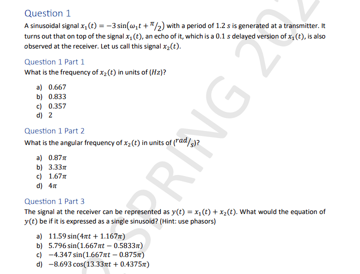 Solved A sinusoidal signal x1(t)=−3sin(ω1t+π/2) with a | Chegg.com
