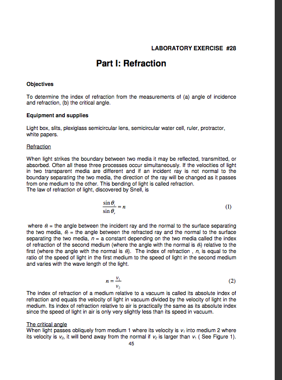 Solved LABORATORY EXERCISE #28 Part I: Refraction Objectives | Chegg.com
