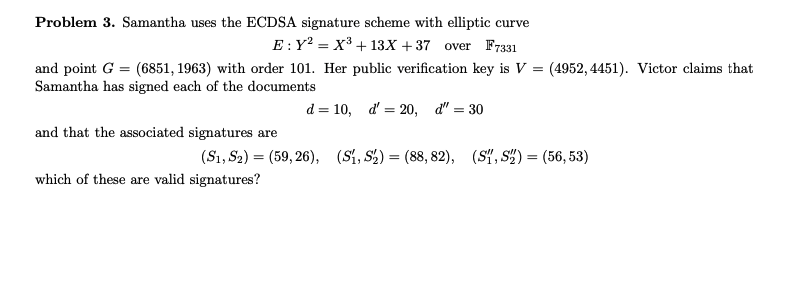 Solved Problem 3. Samantha uses the ECDSA signature scheme | Chegg.com