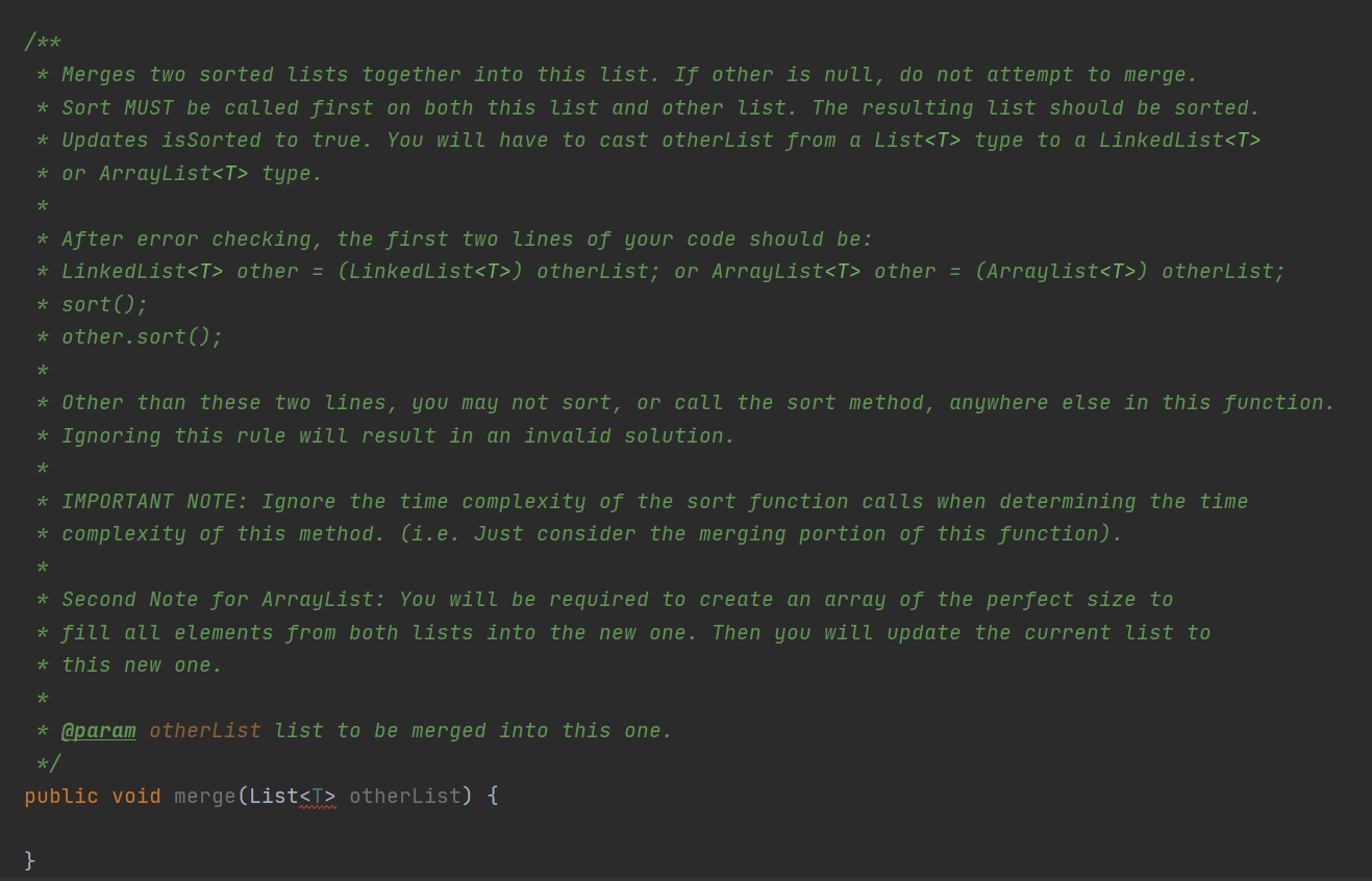 Solved /** * Merges two sorted lists together into this | Chegg.com