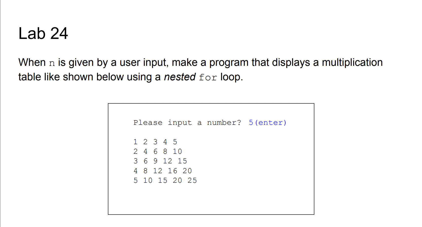 Solved Lab 24 When n is given by a user input, make a | Chegg.com