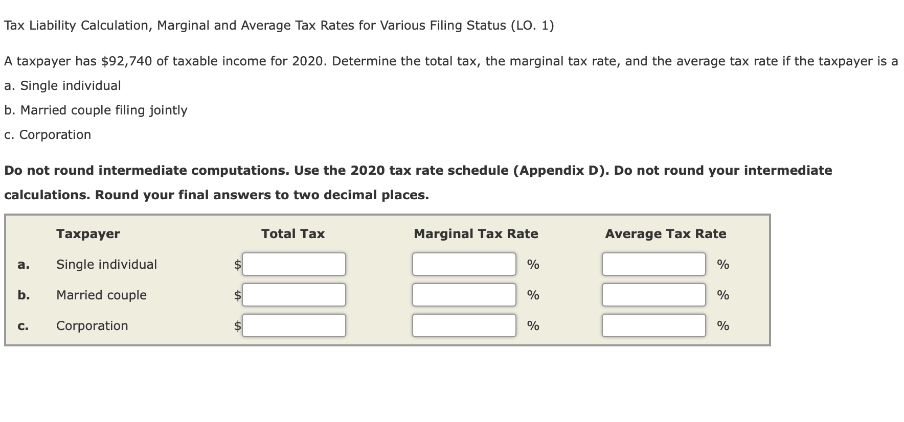 Solved Tax Liability Calculation, Marginal and Average Tax | Chegg.com