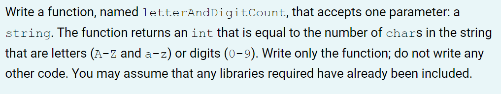 Solved Write a function, named letterAndDigitcount, that | Chegg.com