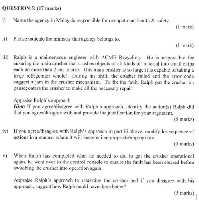 Solved QUESTION 5: (17 marks) i) Name the agency in Malaysia | Chegg.com