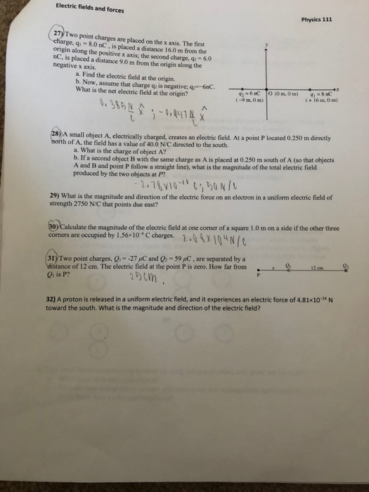 Solved Electric fields and forces Physics 111 27) Two point | Chegg.com