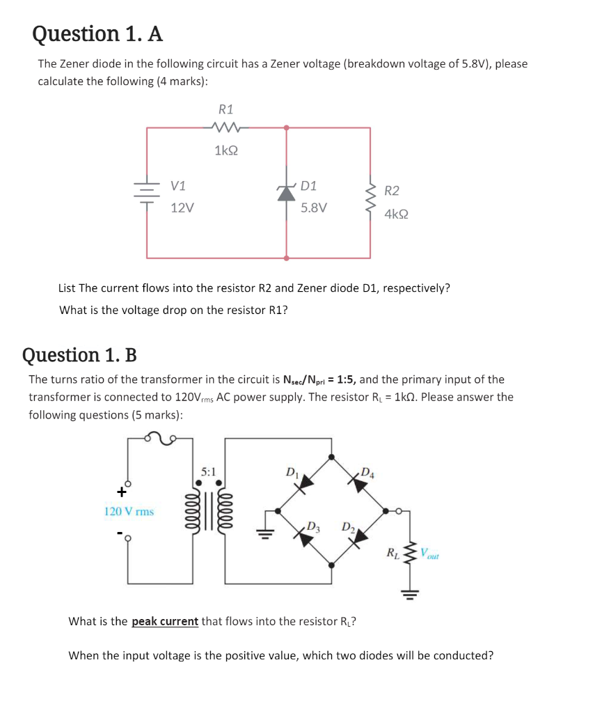 Solved Question 1. A The Zener diode in the following | Chegg.com