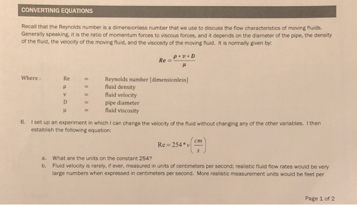 Solved CONVERTINIG EQUATIONS Recall that the Reynolds number | Chegg.com