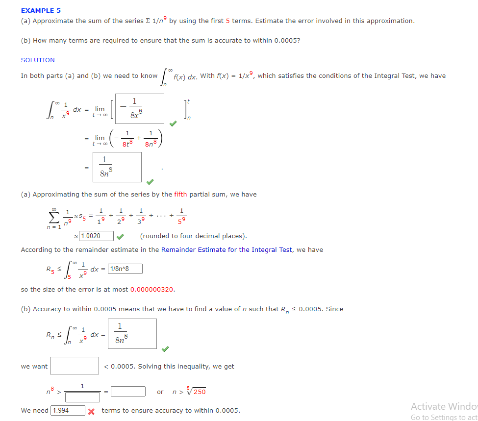 Solved EXAMPLE 5 (a) Approximate the sum of the series Σ1/n9 | Chegg.com