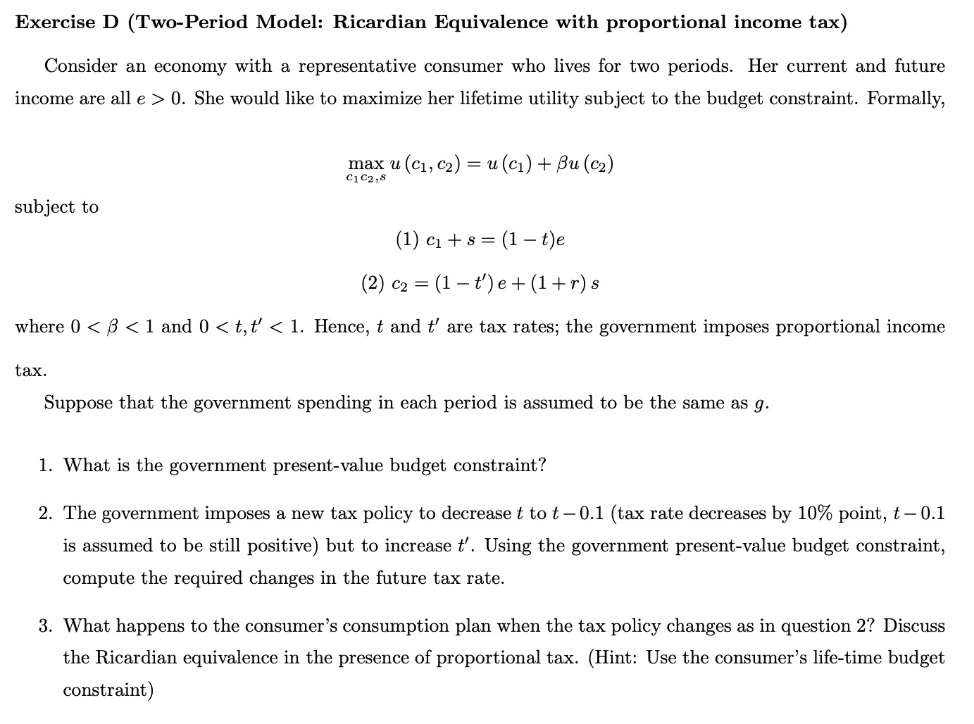 Solved Exercise D (Two-Period Model: Ricardian Equivalence | Chegg.com