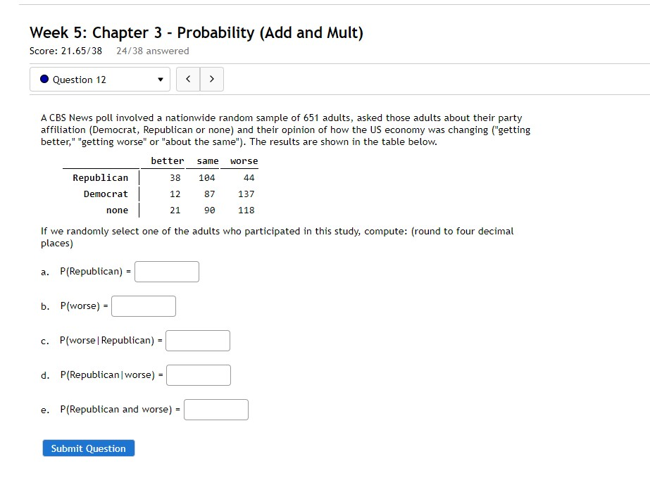 Solved Week 5: Chapter 3 - Probability (Add and Mult) Score: | Chegg.com