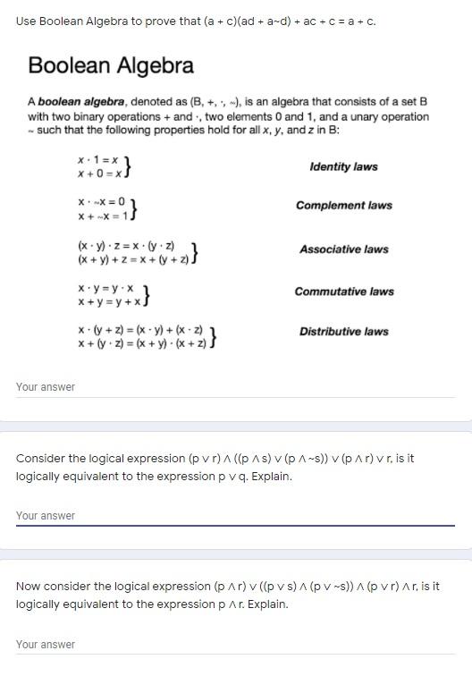 Solved Use Boolean Algebra to prove that (a + c)(ad + a-d) | Chegg.com