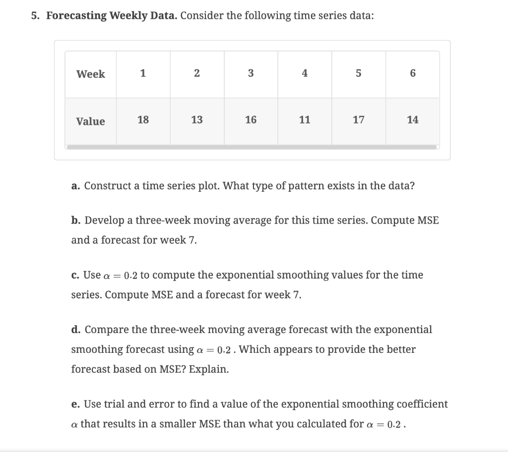 Solved 5. Forecasting Weekly Data. Consider the following | Chegg.com