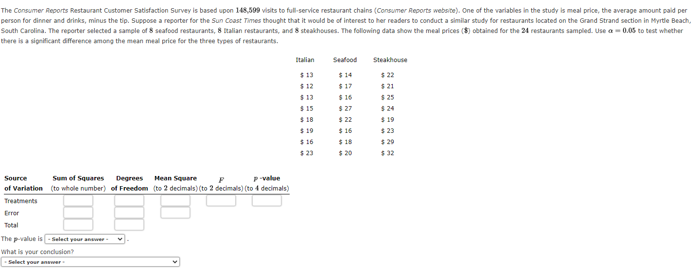 Solved here is a significant difference among the mean meal | Chegg.com