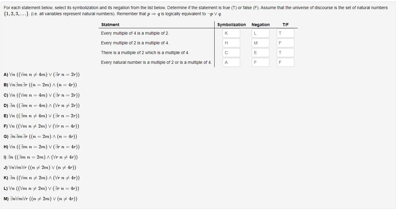 Solved For each statement below, select its symbolization | Chegg.com