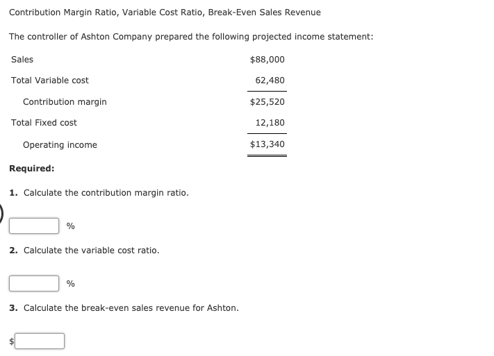 Solved Contribution Margin Ratio, Variable Cost Ratio, | Chegg.com