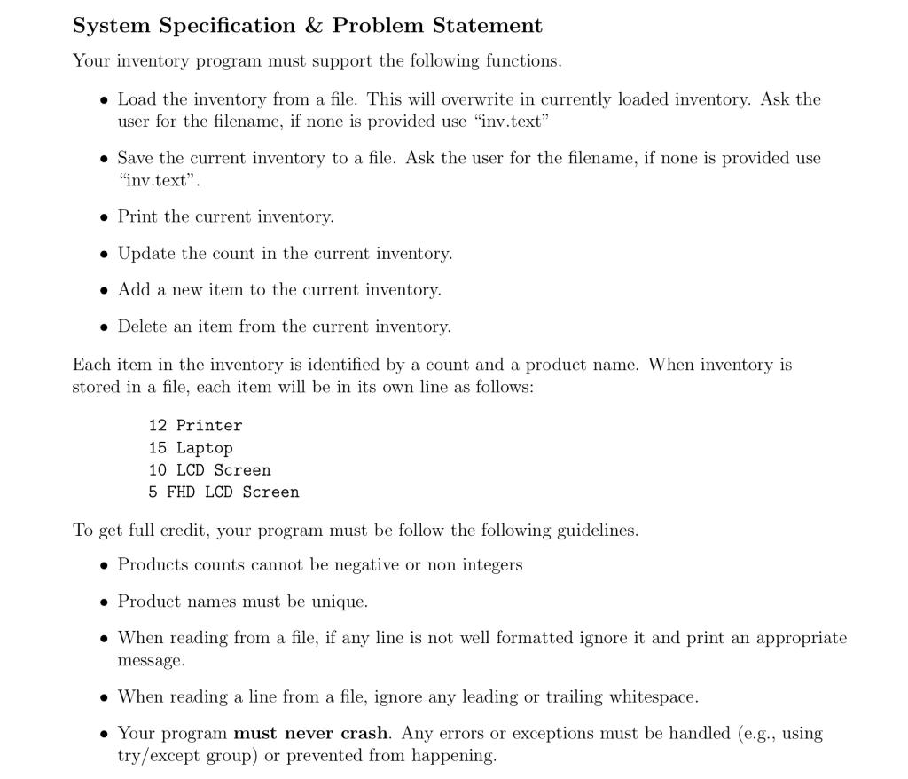 Solved System Specification & Problem Statement Your | Chegg.com